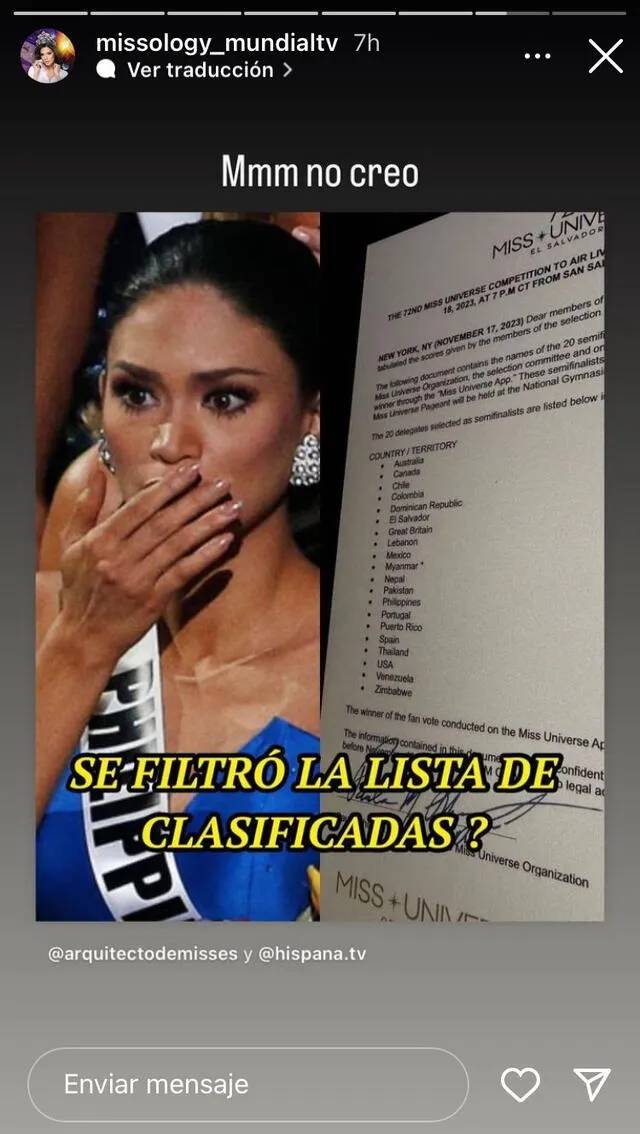 Filtran lista de las 20 finalistas del Miss Universo 2023